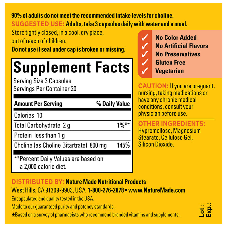 Choline Extra Strength Dosage 800 Mg Per 3 Capsules & Nature Made®